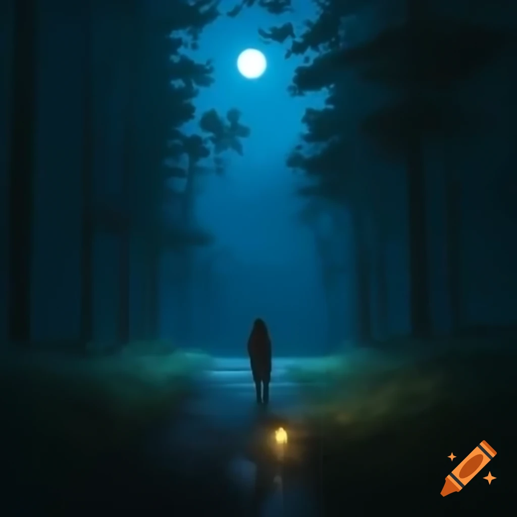 Mysterious traveler at foggy forest path with glowing lantern and half ...