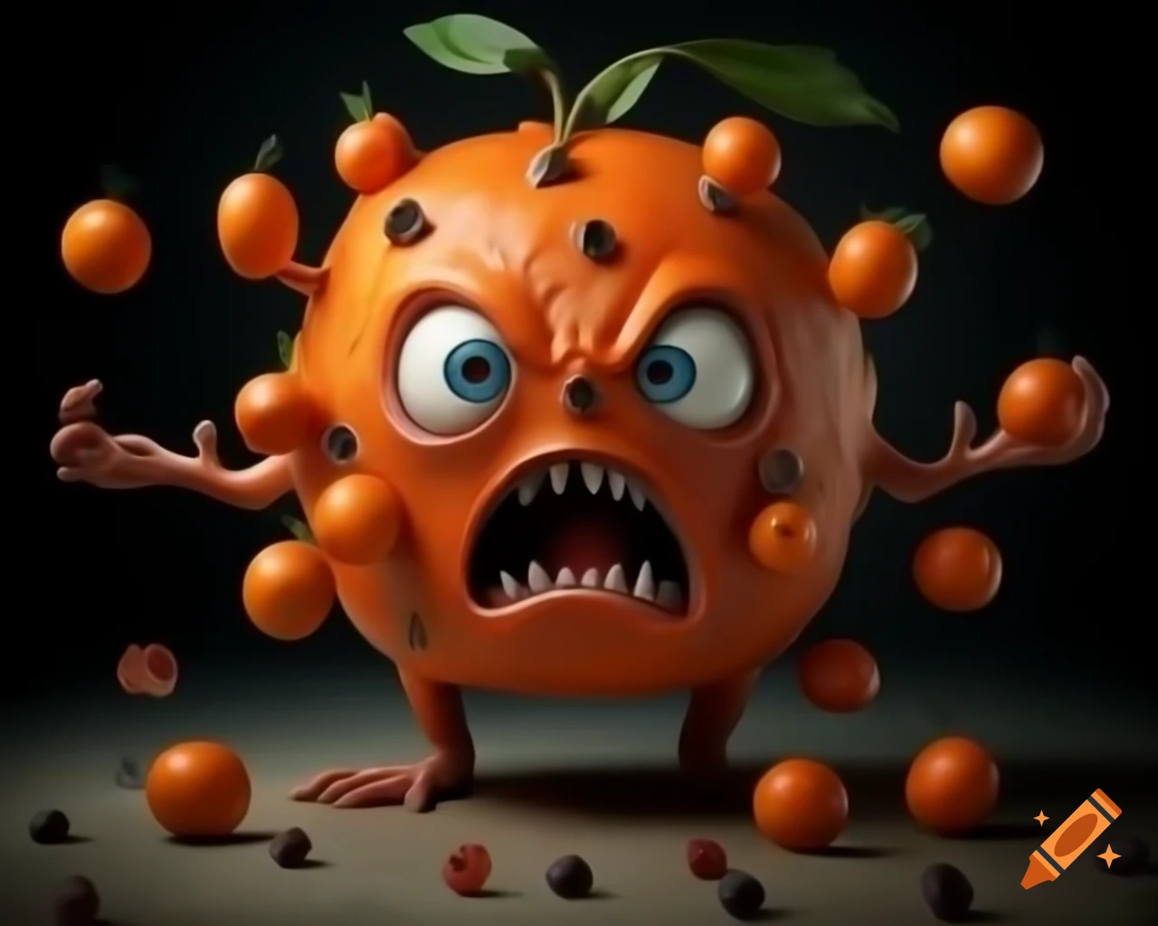 Hyper-realistic orange fruit monster with human face, highly detailed ...