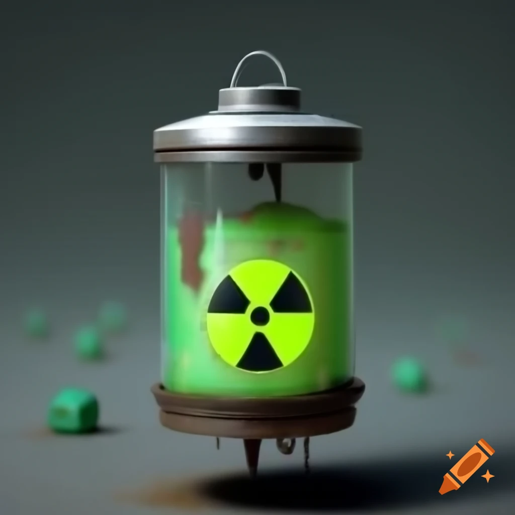 Cylindrical transparent container with radioactive symbol and green ...