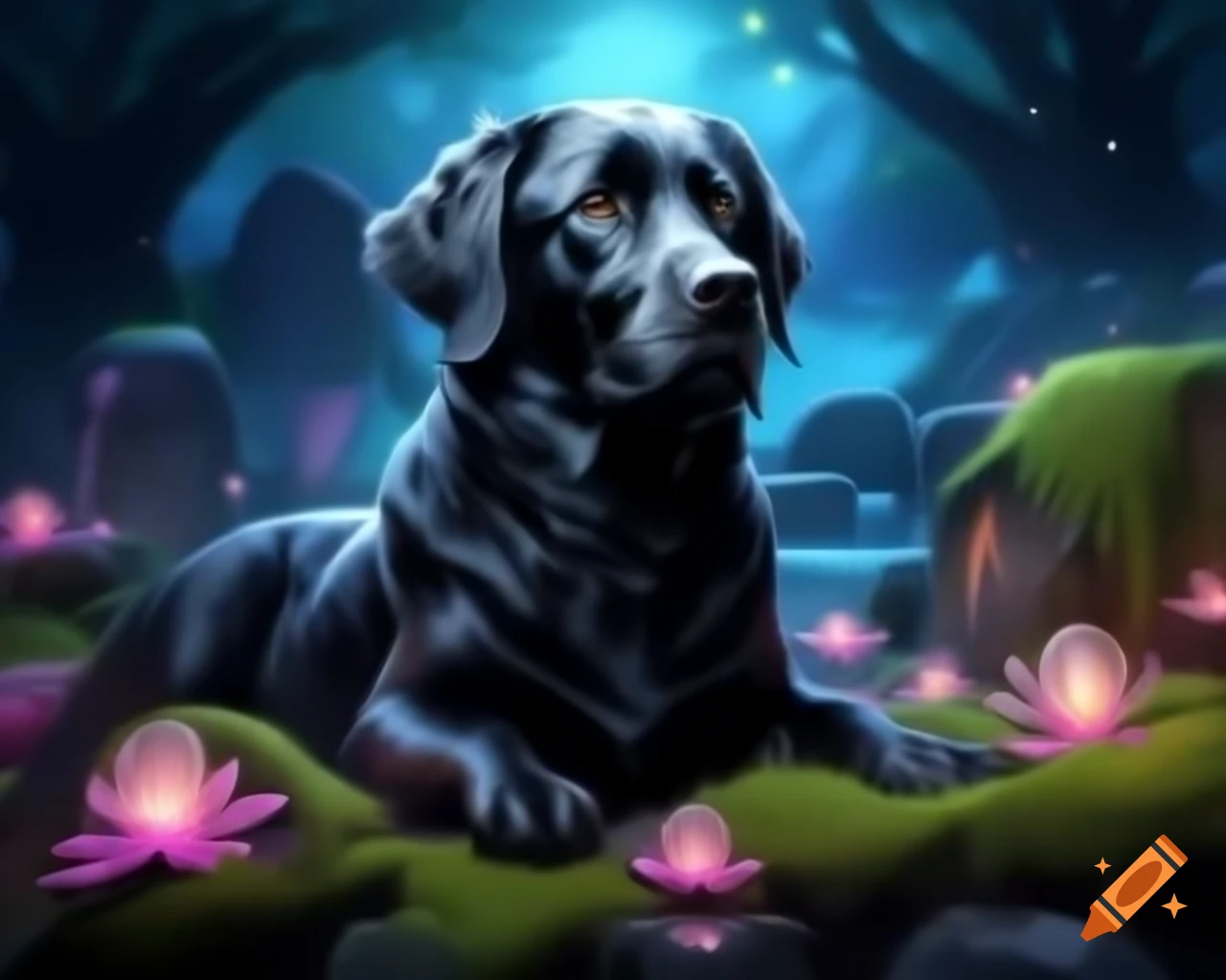 Majestic Black Labrador in moonlight with ancient trees and mythical ...