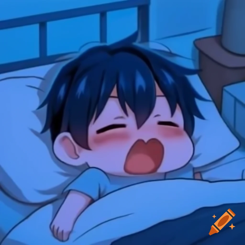 Chibi boy with blue hair crying in bedroom on Craiyon