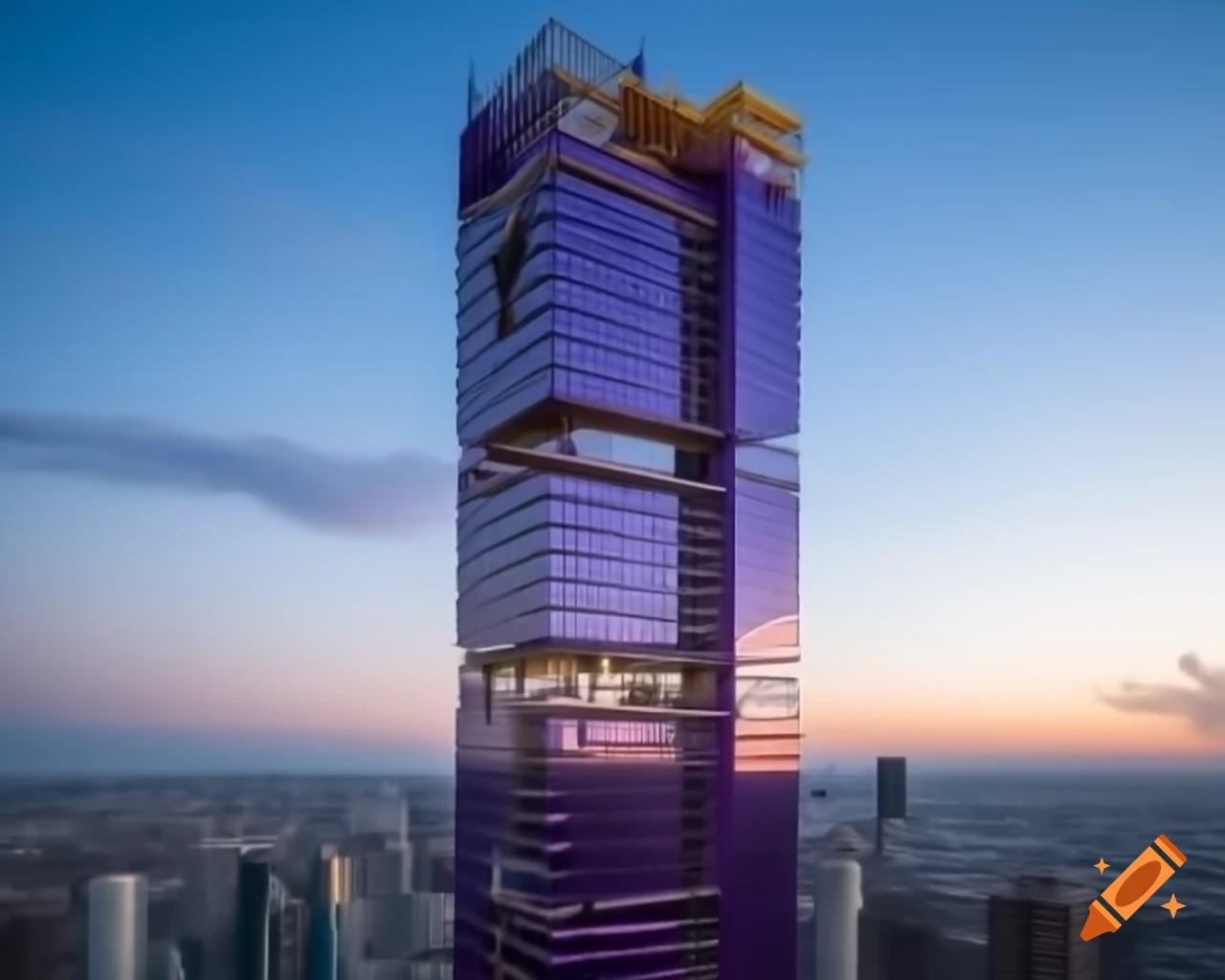 Under construction tower reaching towards violet sky on Craiyon