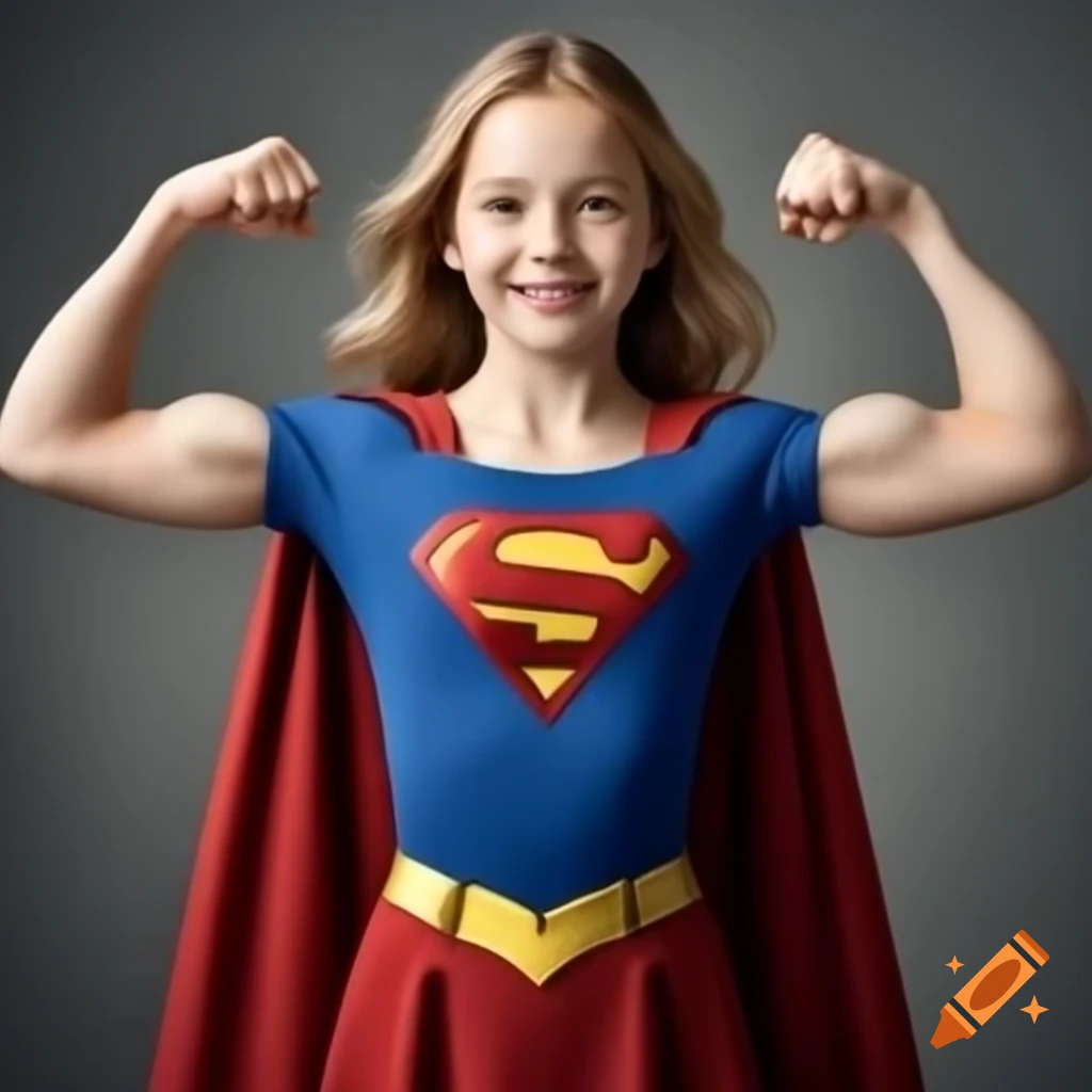 Cute girl flexing impressive biceps in Supergirl dress on Craiyon