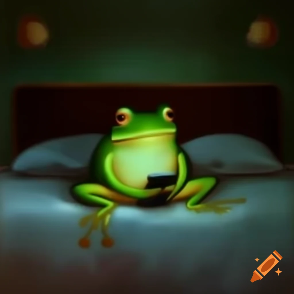 Frog sitting on bed watching phone in dark room with 4:44 on headboard ...