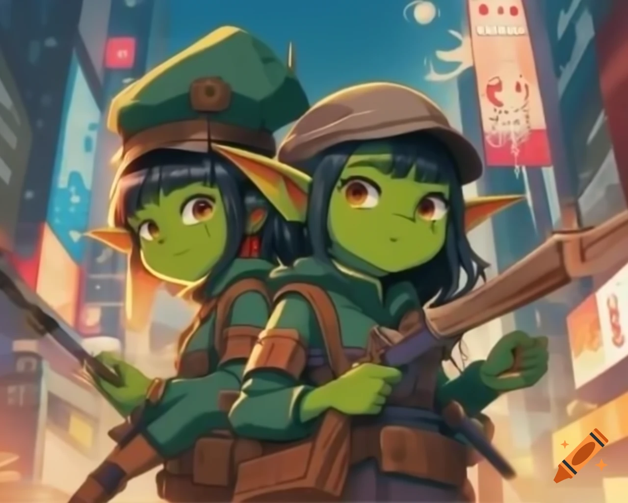 Anime-style movie poster of two green-skinned goblin girls exploring a ...