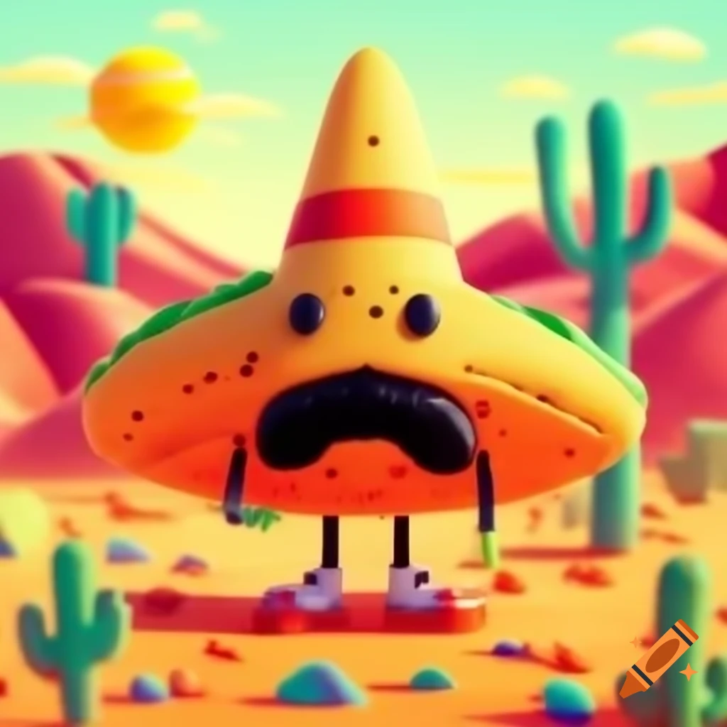 Tortilla chip wearing sombrero in colorful Mexican desert with cactuses ...