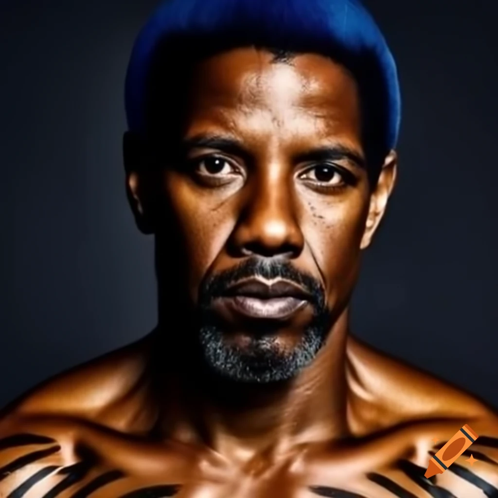Muscular man with tiger-style makeup featuring blue hair and orange ...