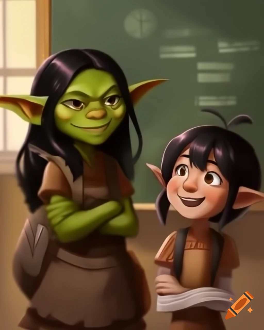 Cheerful green-skinned goblin in tattered dress chatting with friend in ...
