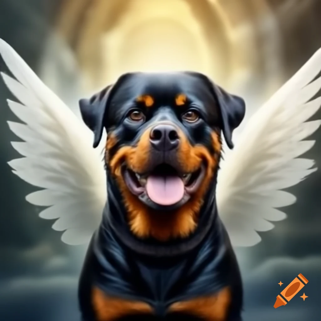 Happy Rottweiler with white wings in heavenly setting on Craiyon