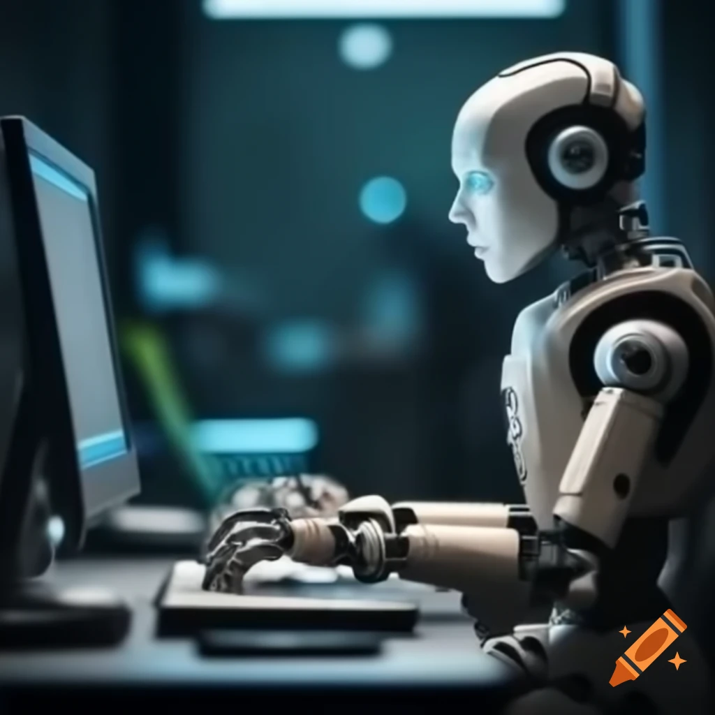 Robot typing on a computer on Craiyon