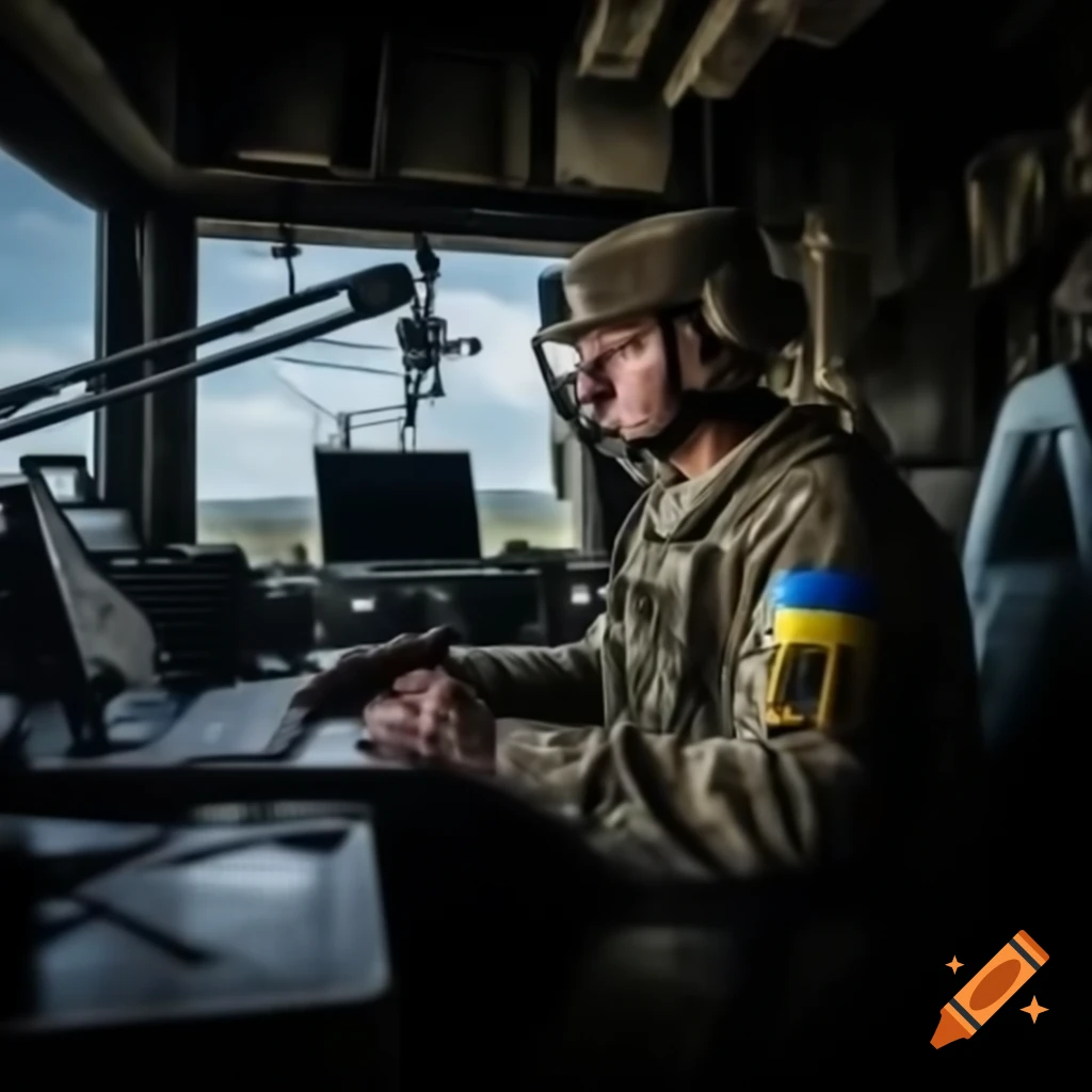 Ukrainian soldier using short-range radio near command post in forest ...