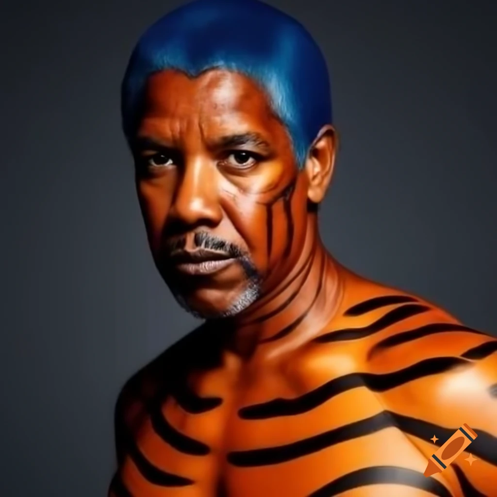 Muscular man with tiger-style makeup featuring blue hair and orange ...