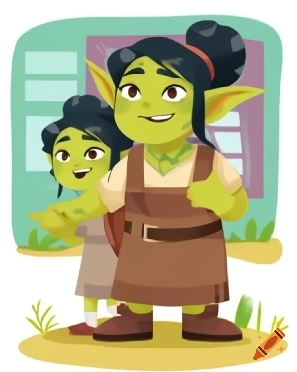 Cheerful green-skinned goblin in tattered dress talking to friend in ...