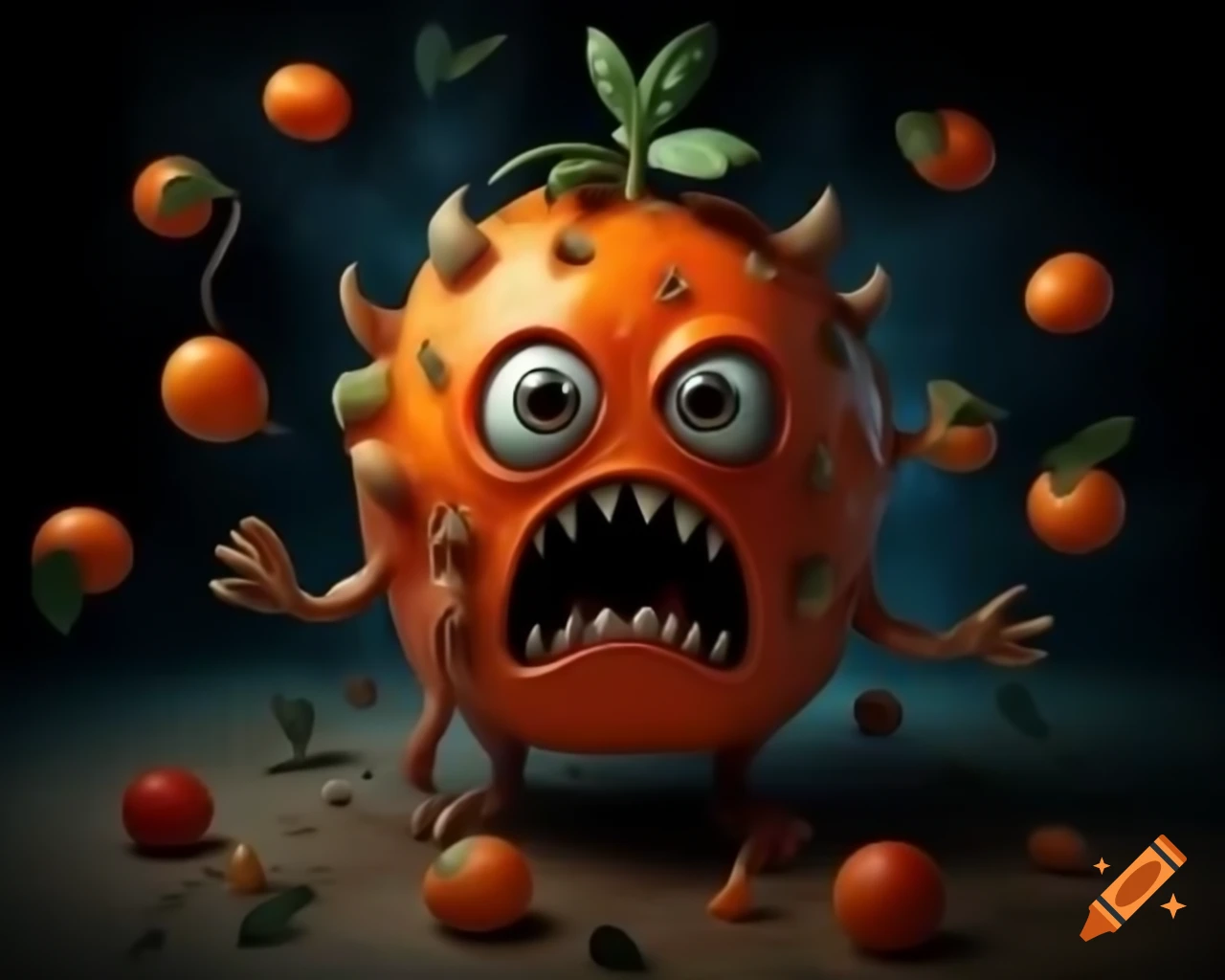 Hyper-realistic orange fruit monster with human face, highly detailed ...