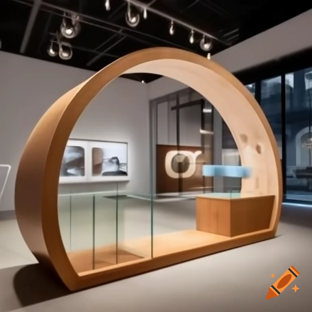 Modern architectural exhibit stand with curves and glass on Craiyon