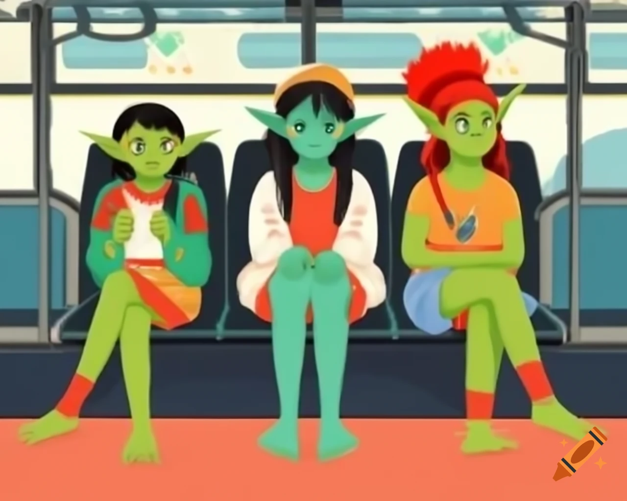 Three green-skinned goblin girls in streetwear sitting at crowded bus stop on Craiyon