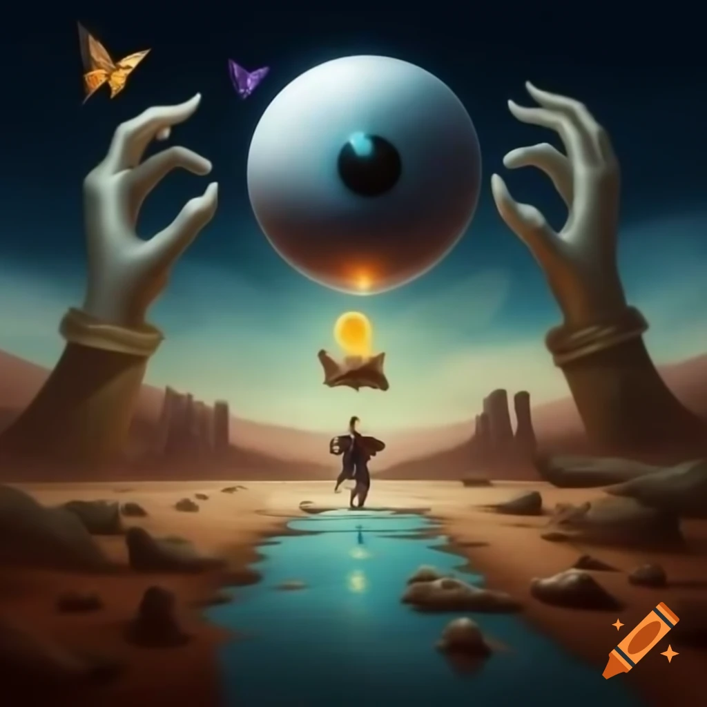 Surreal scene of giant hands floating in desert, each holding unique ...