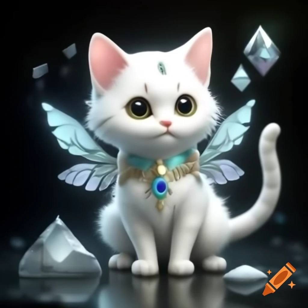 Fantasy winged creature resembling a white cat adorned with crystals ...