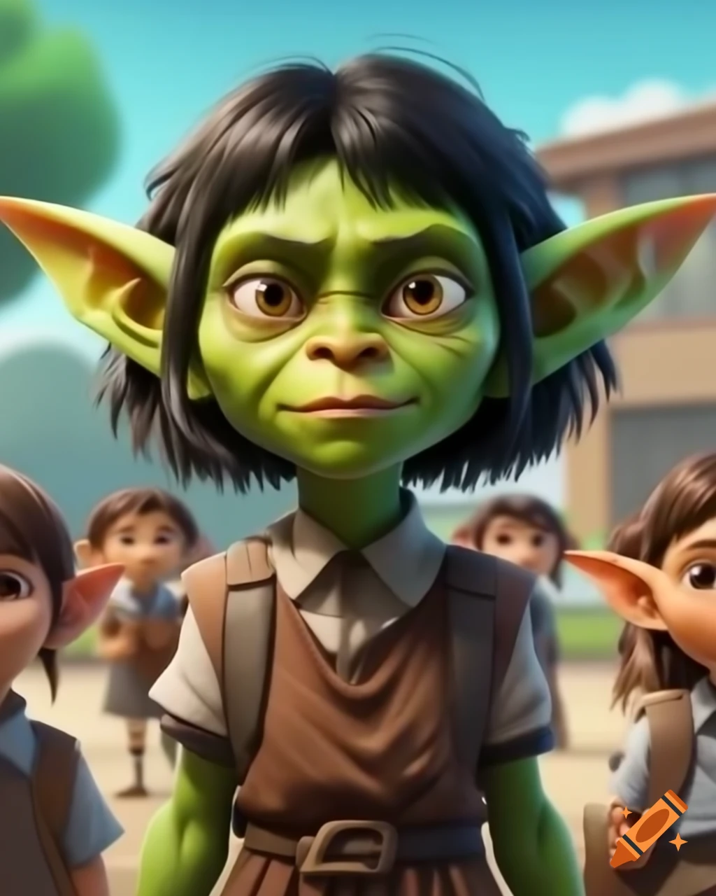 Green-skinned goblin in tattered dress speaking to students outside ...
