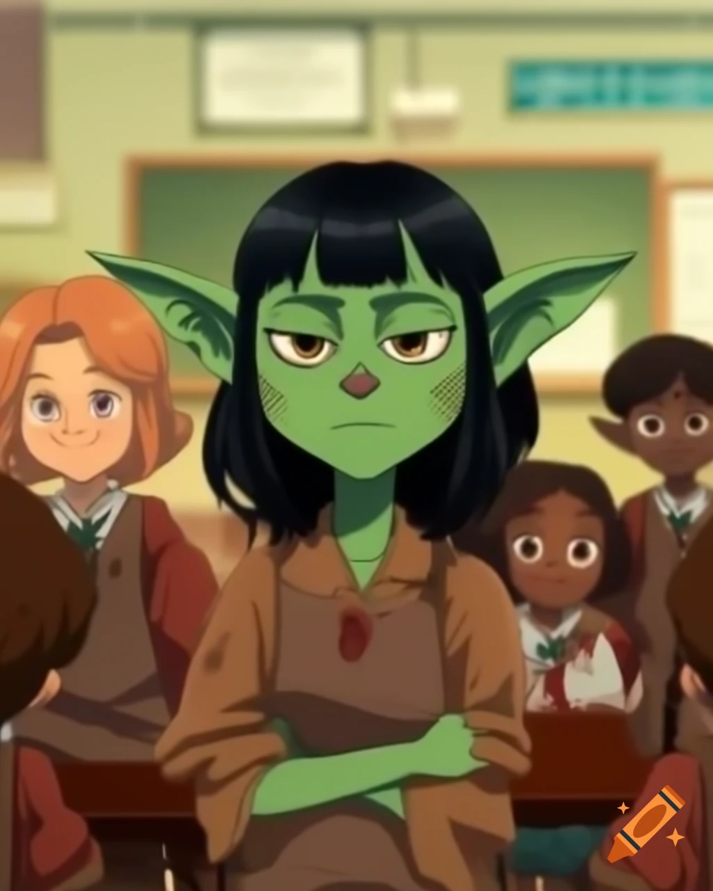 Green-skinned goblin in tattered dress speaking to students outside ...