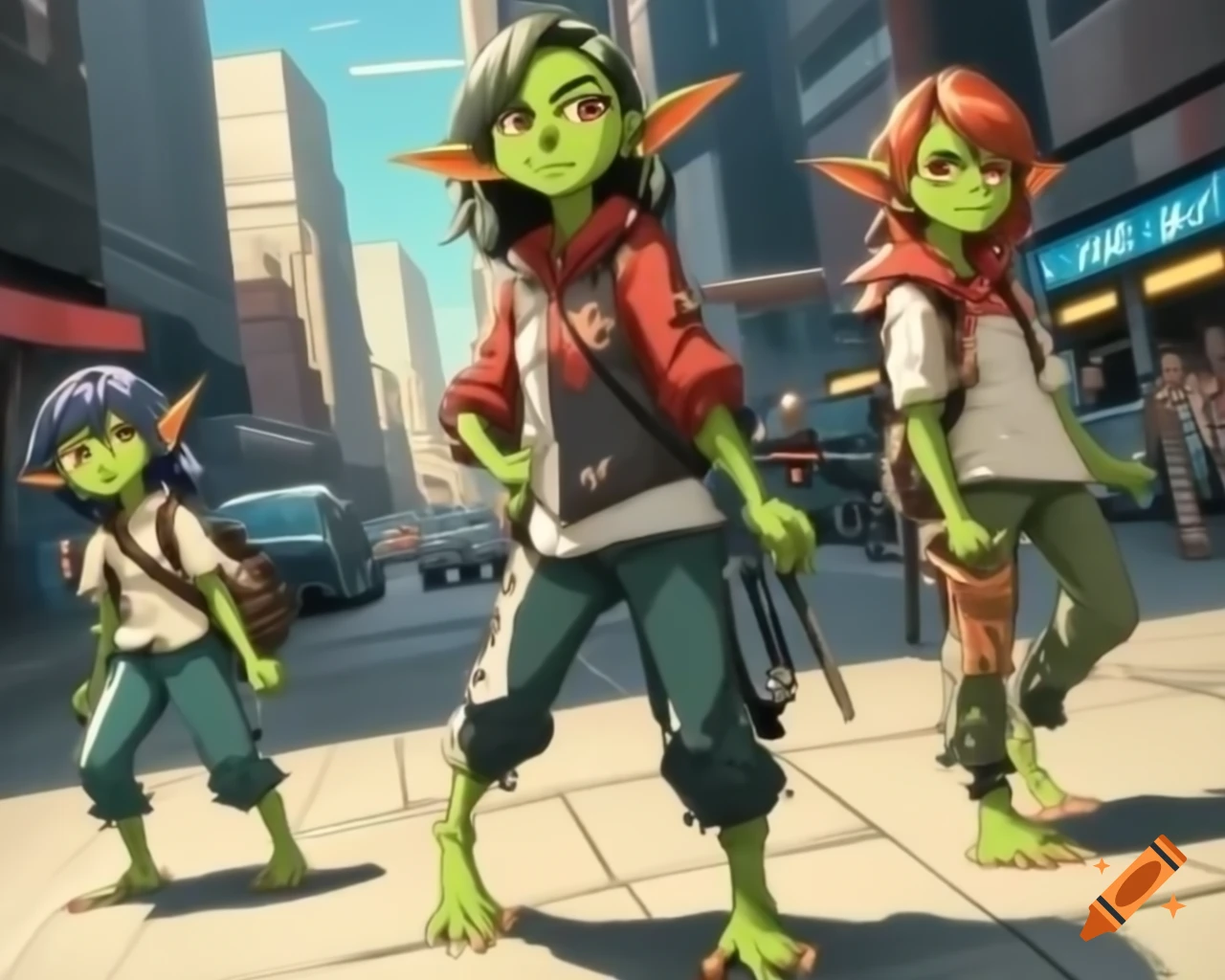 Dynamic anime-style poster featuring green-skinned goblin girls in ...