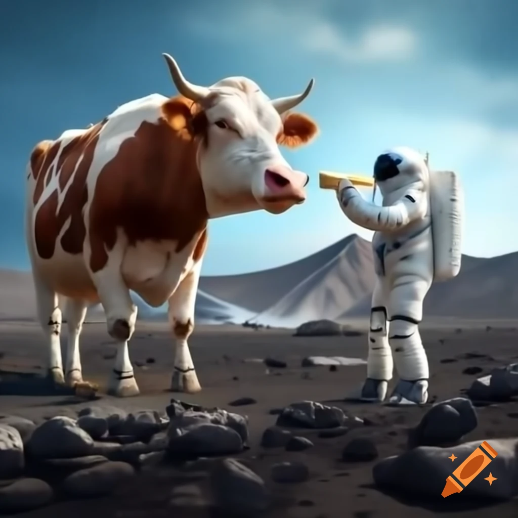 Cow drinking milk in space with astronaut next to volcano on Craiyon