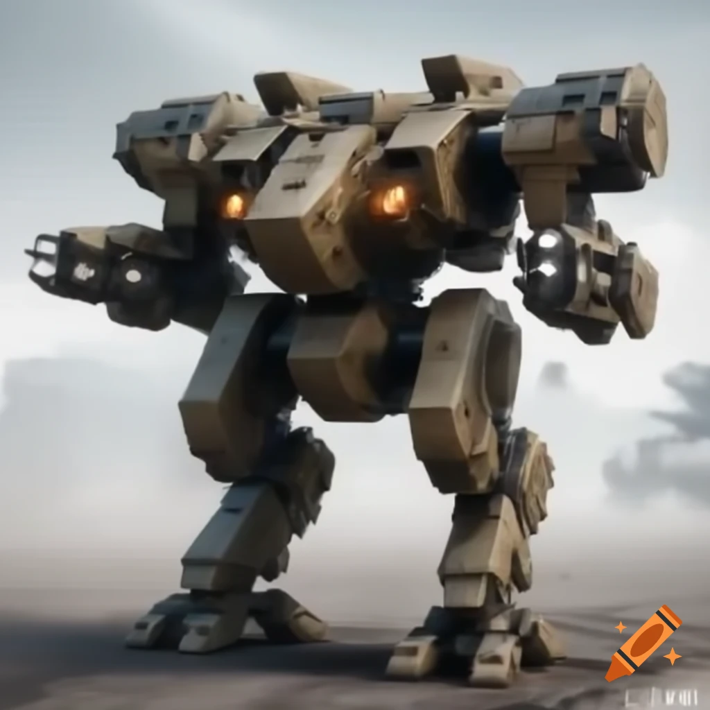 Symmetrical, heavily armored bipedal battle mech with angular designs ...