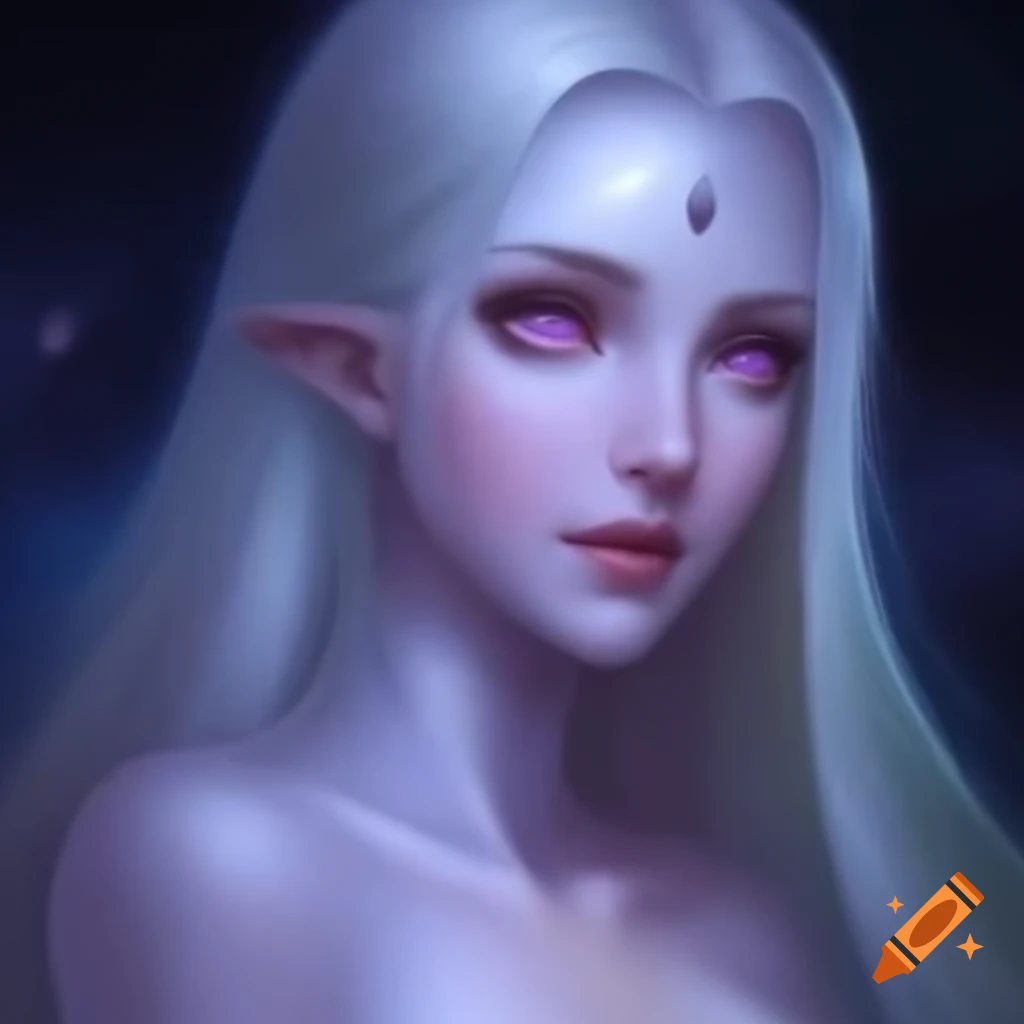 Goddess Aurora with long white hair and galaxy-like eyes on Craiyon