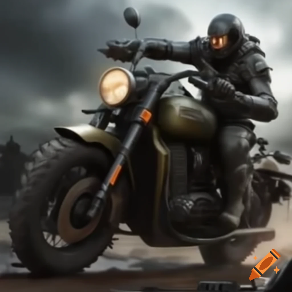 Futuristic combat motorcycle with weapons and armored rider hovering ...