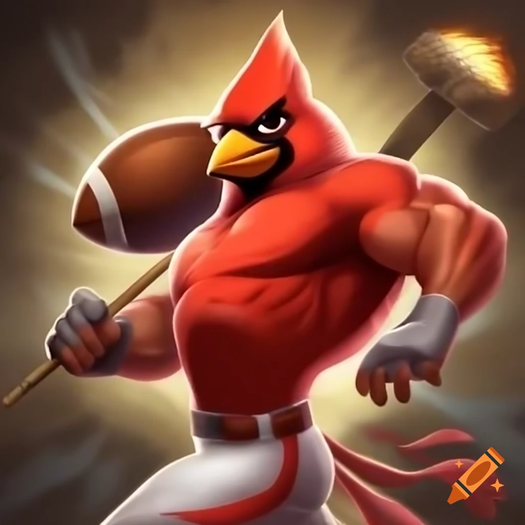 Muscle Cardinal playing football while holding a sledgehammer on Craiyon