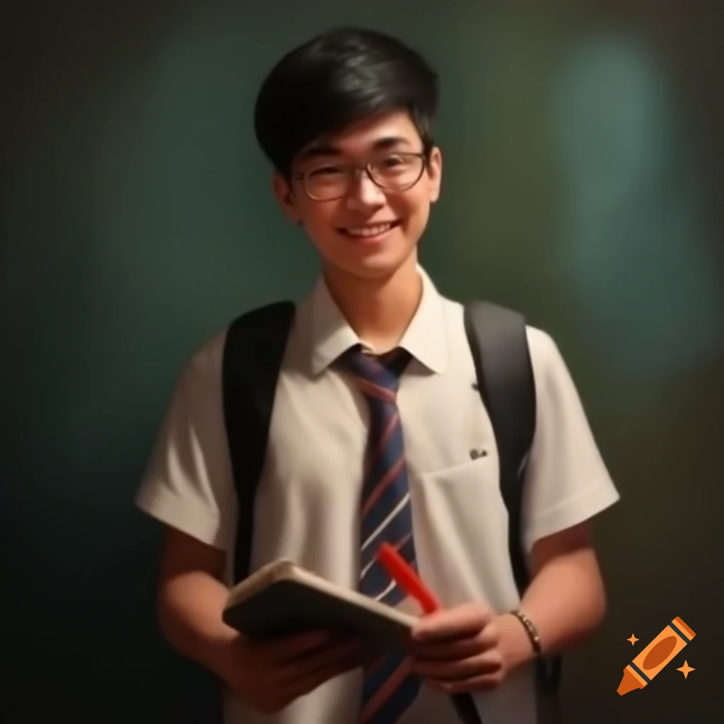 Smiling Asian student reporter holding pen and notebook, realistic ...