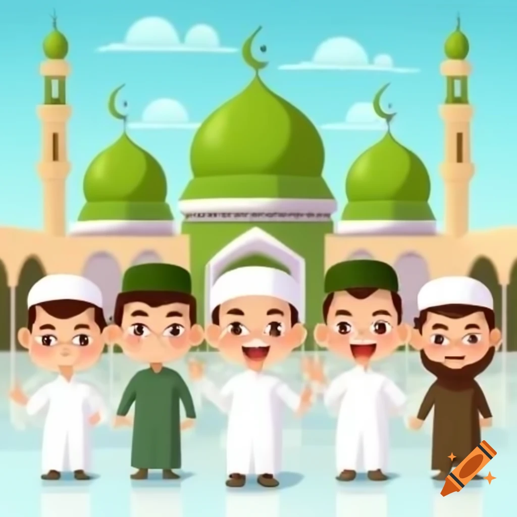 Cartoon-style illustration of children in traditional clothes in front ...