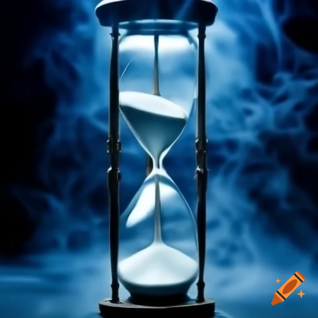 Dramatic hourglass symbolizing the passage of time in misty blue and ...