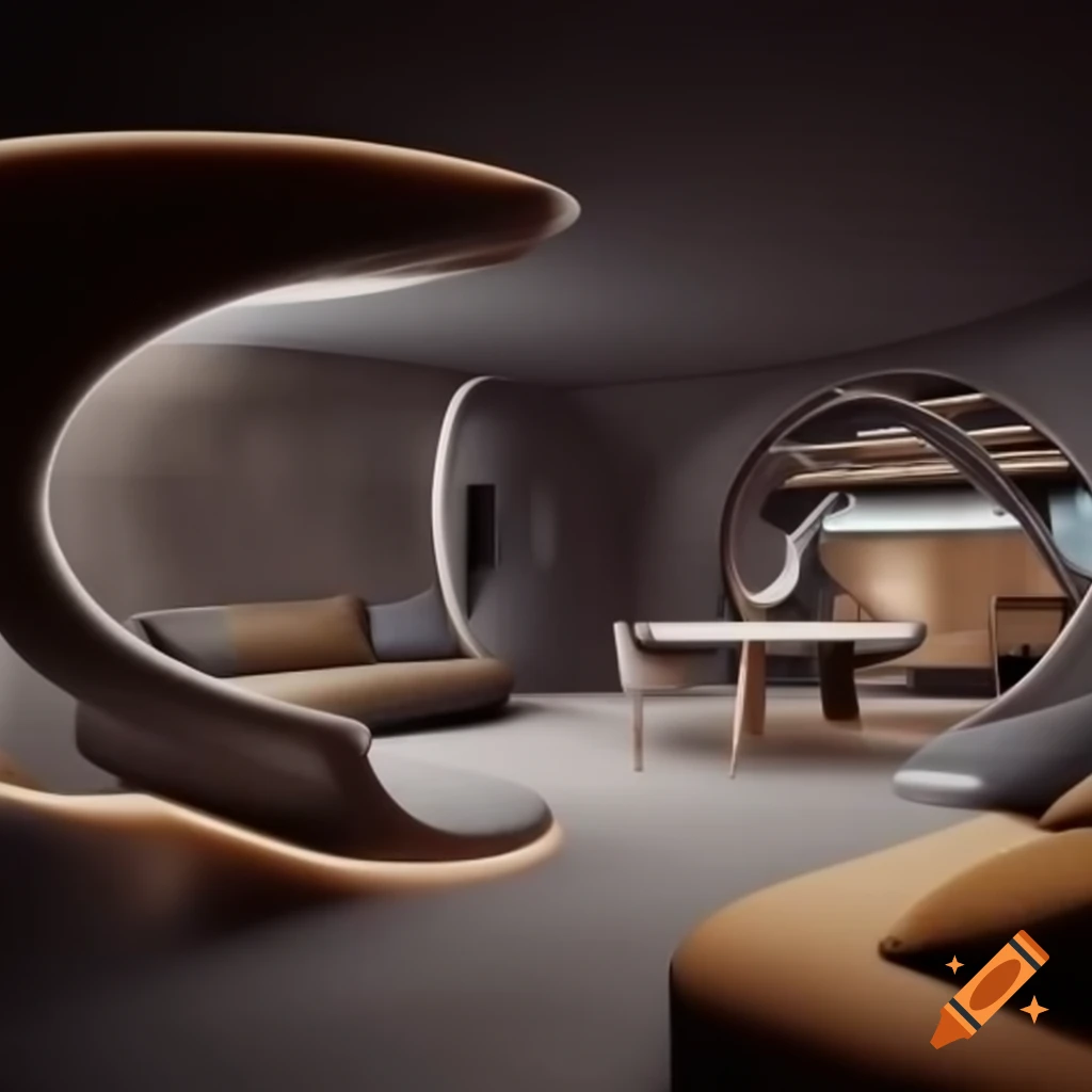 Futuristic apartment interior in space city with curved walls and ...