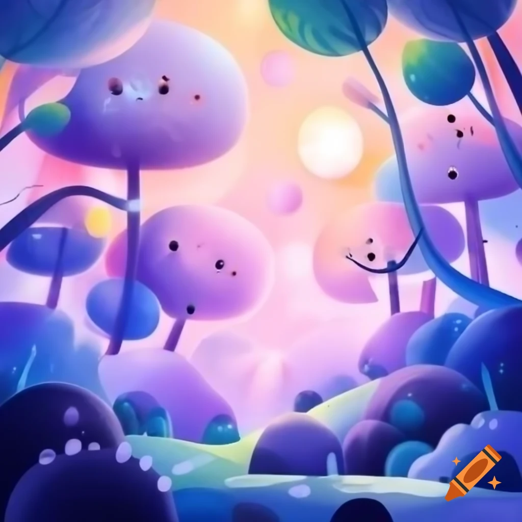 Dreamy pastel-colored forest with glowing light and playful text 'The ...