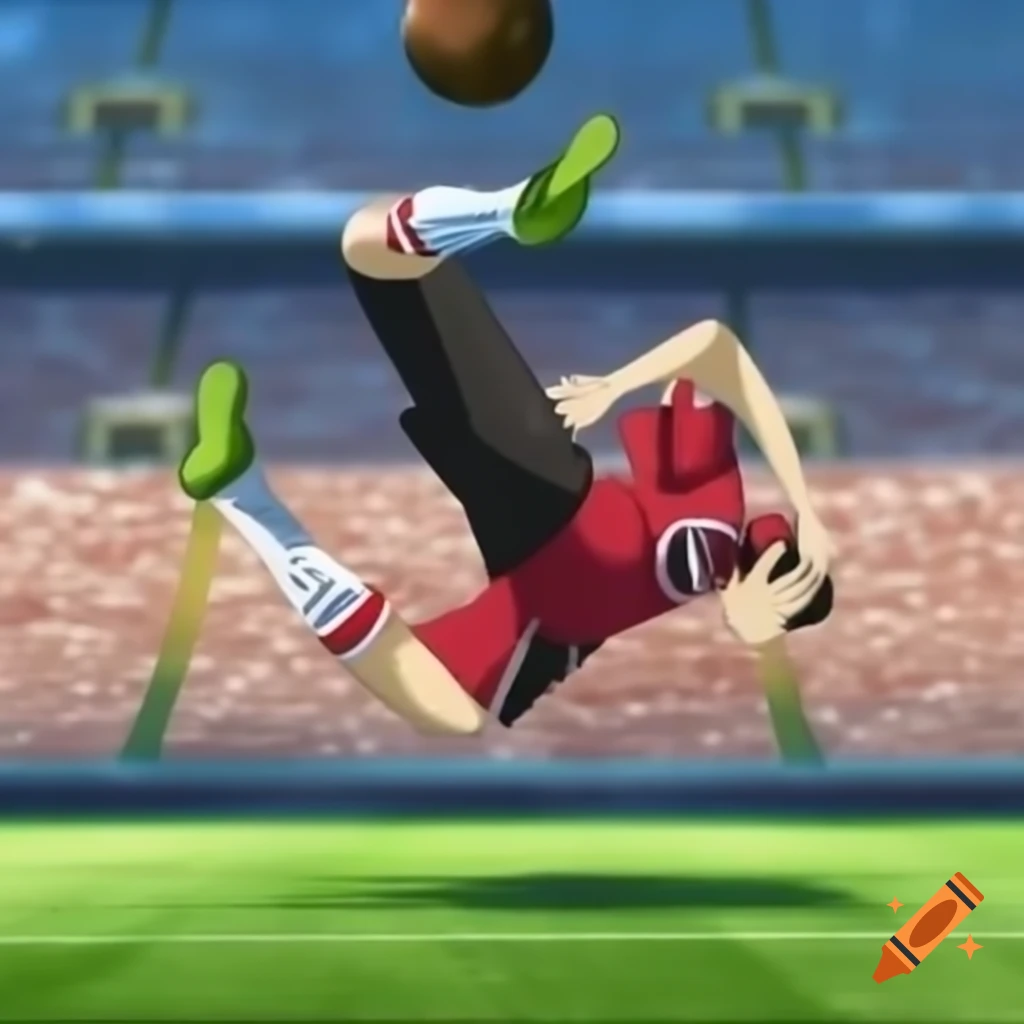 Anime male character performing a backflip while kicking a soccer ball ...