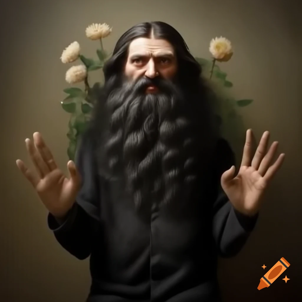 Weird cardboard man with flower hands and long black beard in black ...