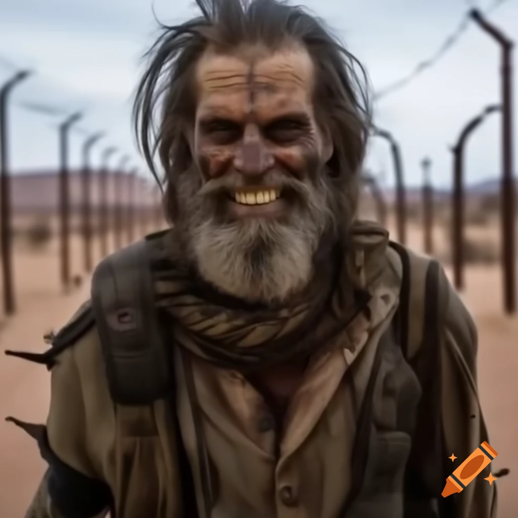 Weathered man in survival clothes with barbed wire in desert wasteland ...
