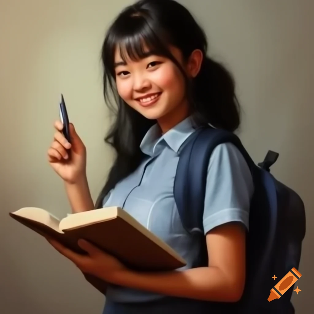 Smiling Asian student reporter holding pen and notebook, realistic ...