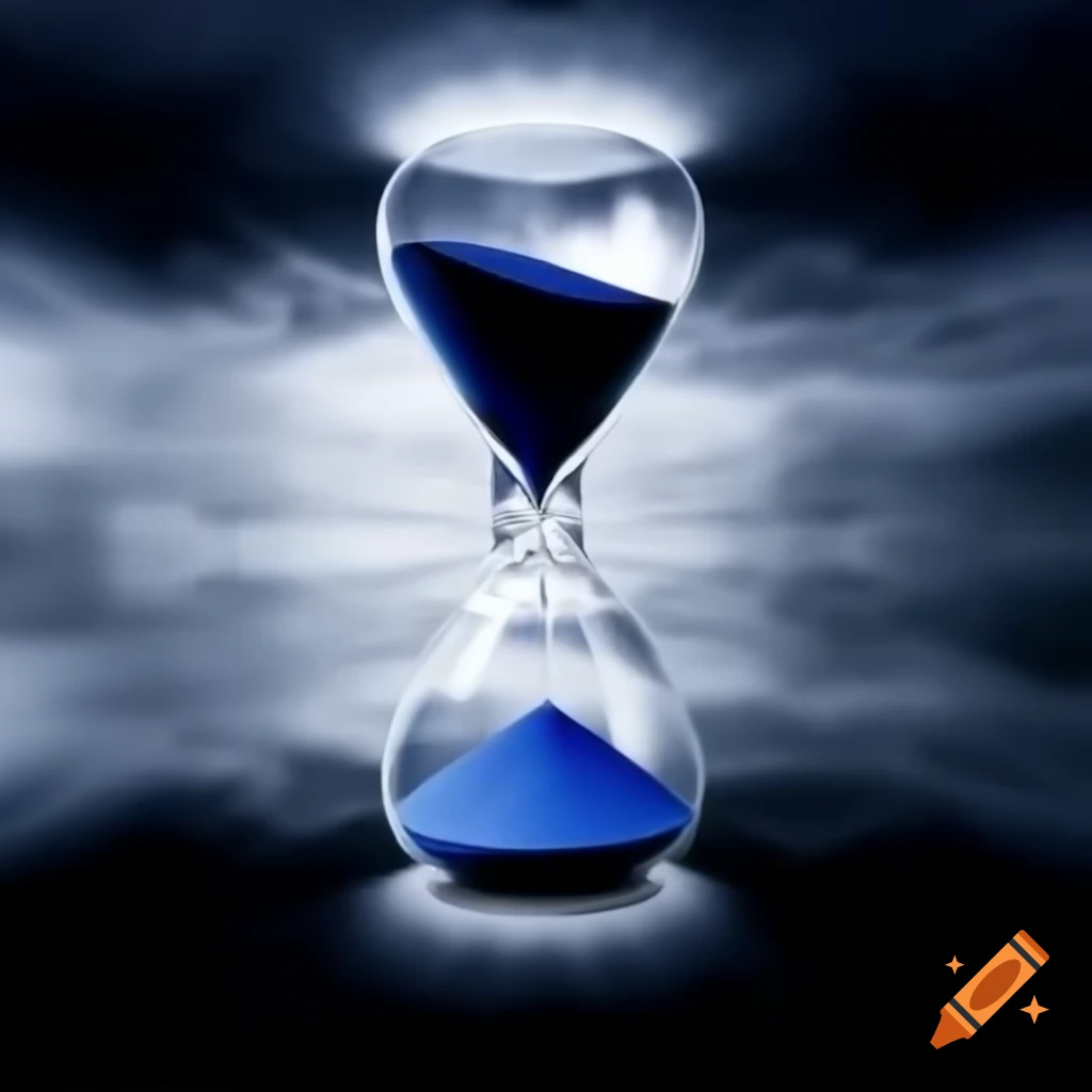 Dramatic hourglass symbolizing passage of time, blue mist turning red ...
