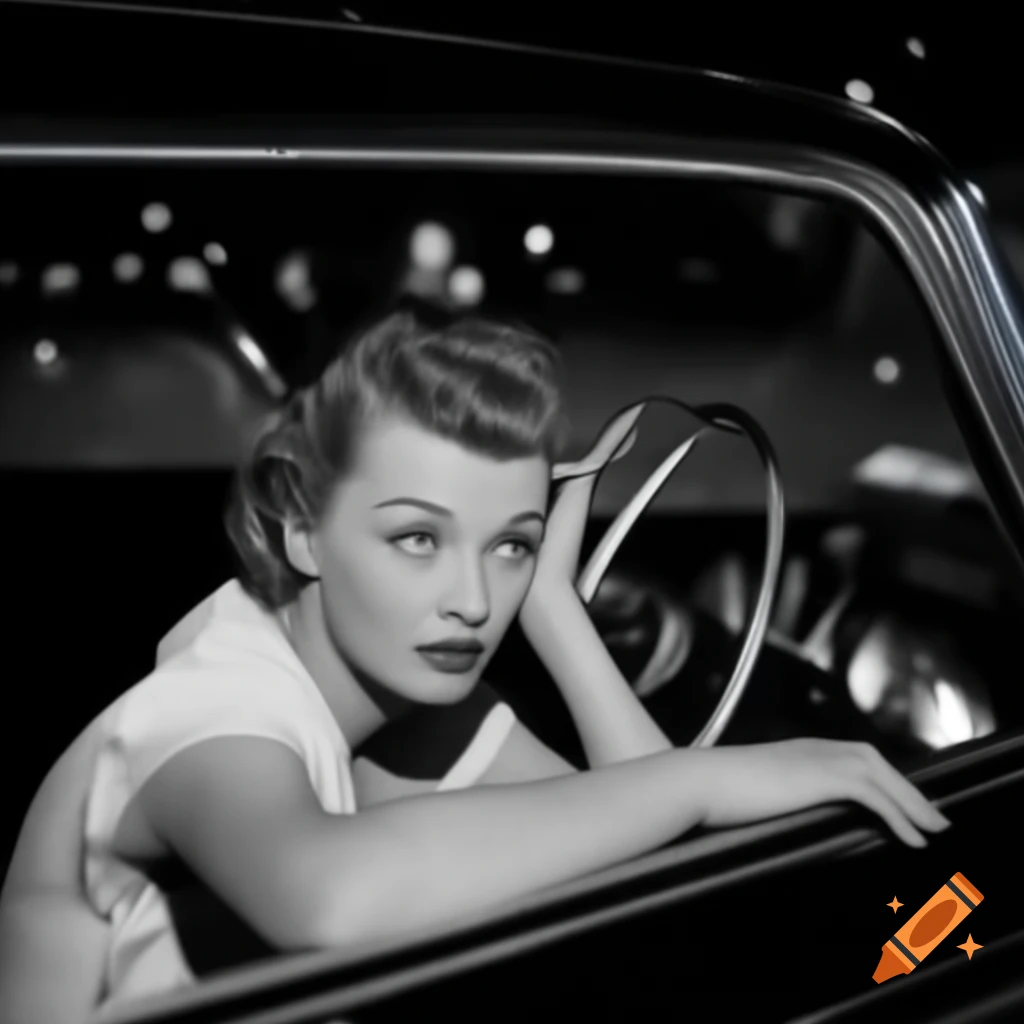 1950s actress in white dress driving car under starry night on Craiyon