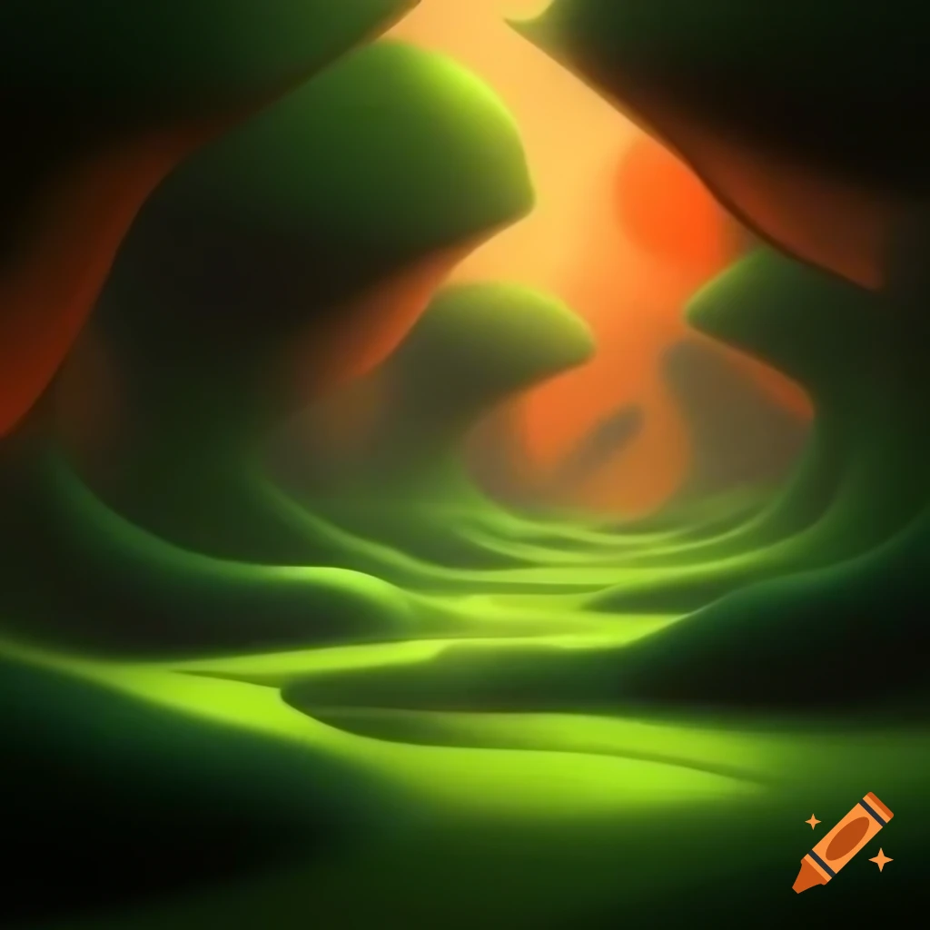 Semi-abstract nature scene with vibrant organic shapes in green and ...