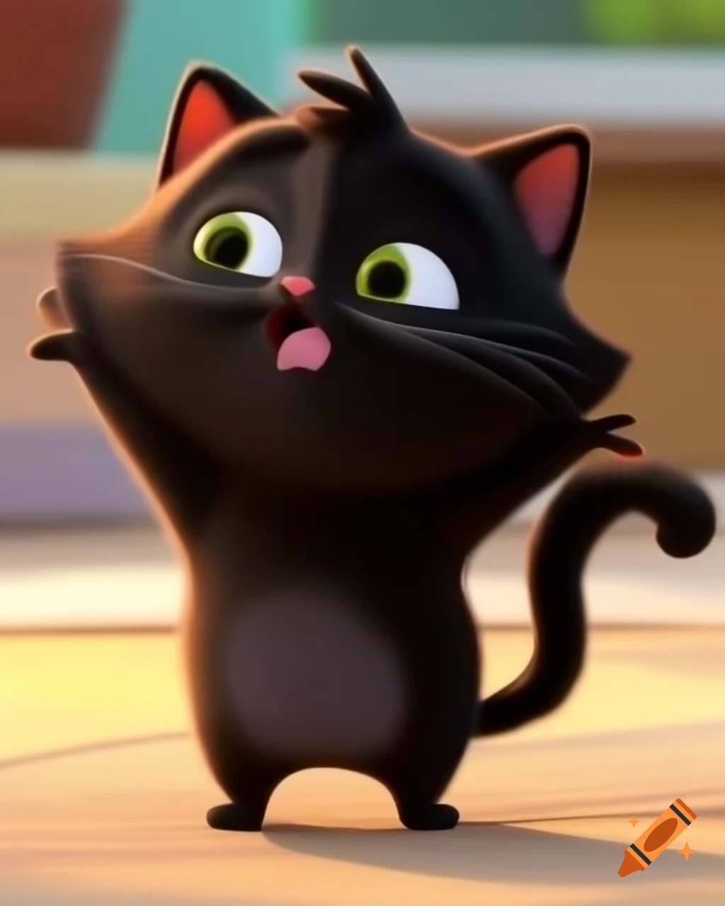 Surprised black kitten with puffed tail, cartoon style on Craiyon