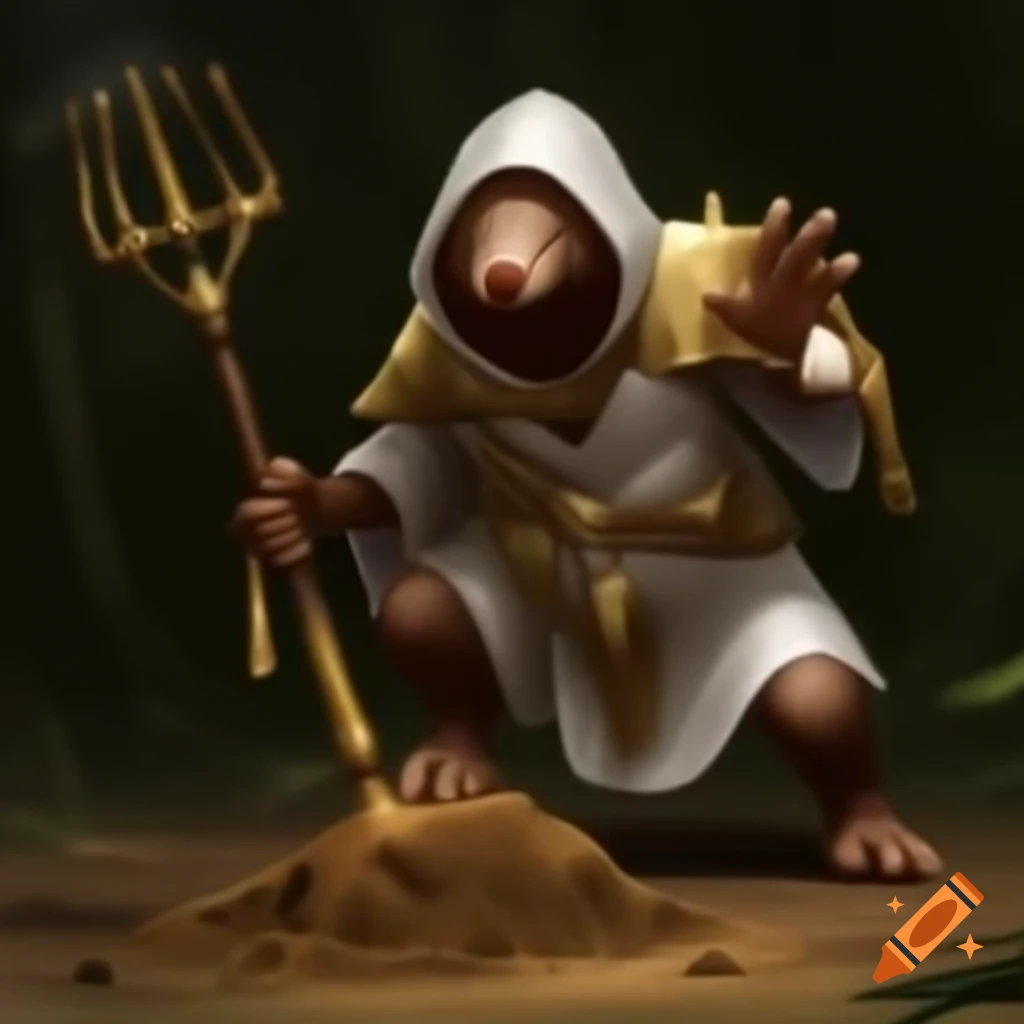God avatar as humanoid mole in white and gold robes holding a shovel ...