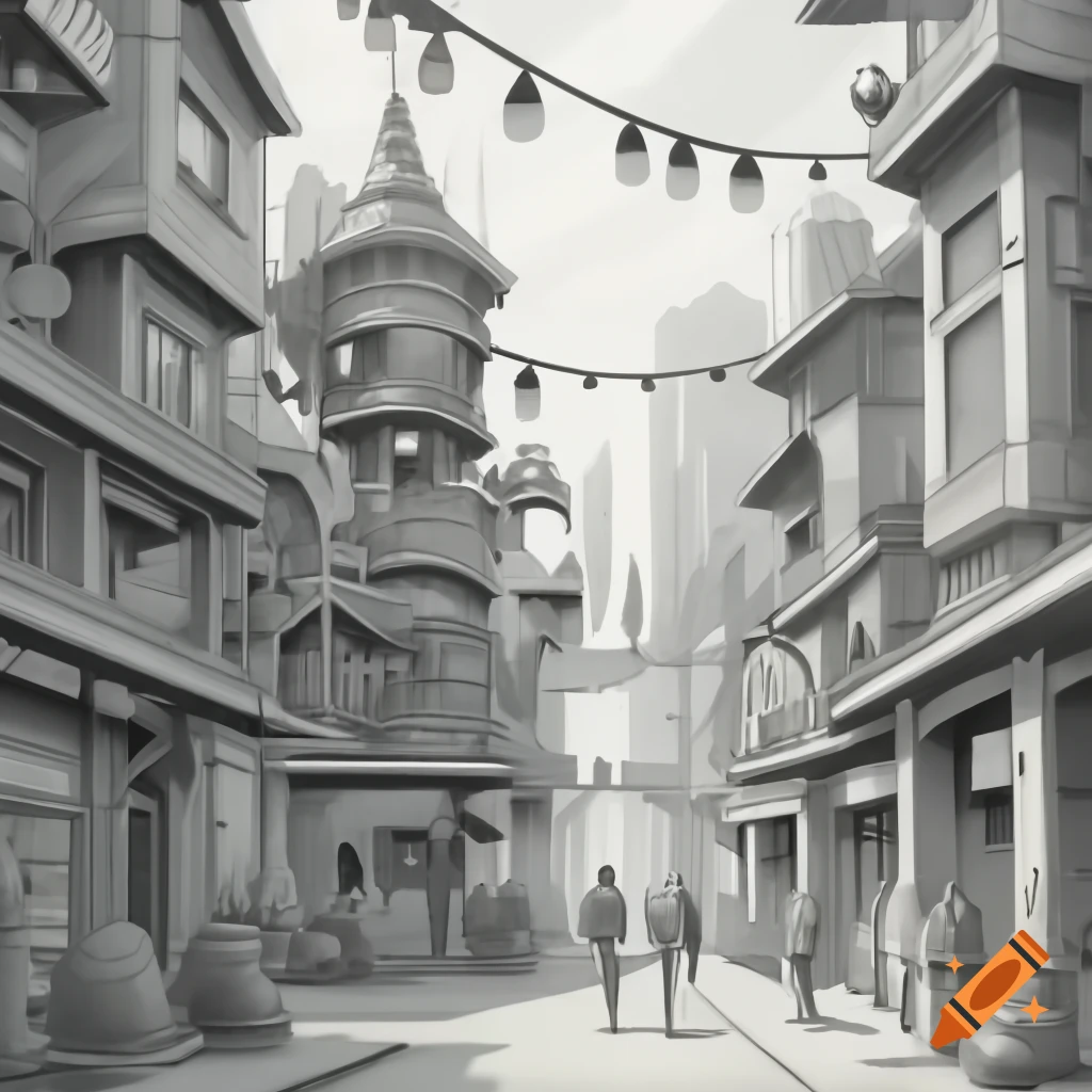 Pencil drawing of a fantasy city street with unique buildings and trees ...