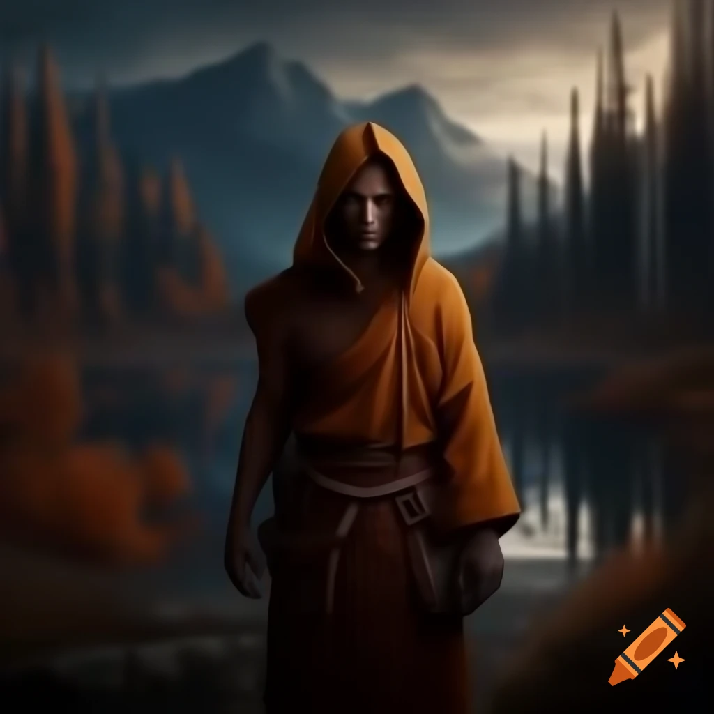 Wandering monk in front of mountain forest during fall evening, dark ...