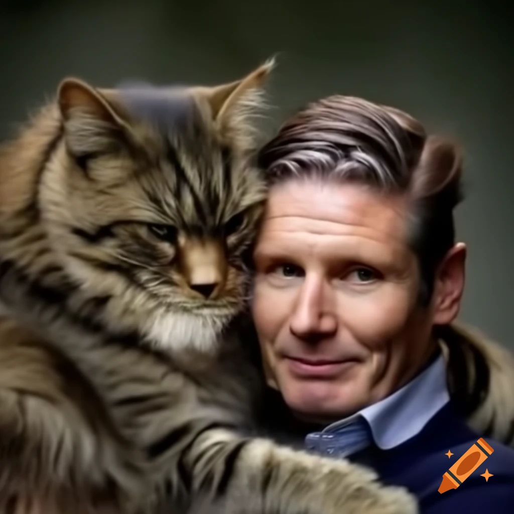 Keir Starmer posing with a furry cat on Craiyon