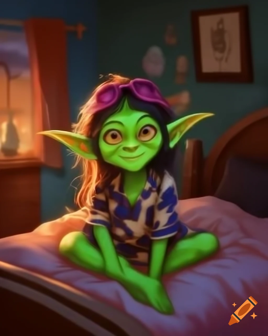 Charming green-skinned goblin girl in colorful pajamas sitting on bed ...