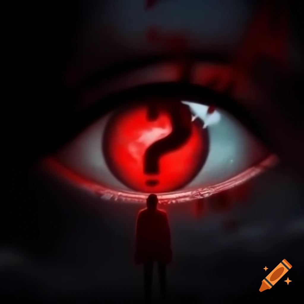 Ominous question mark with blood and red eye for a novel cover on Craiyon
