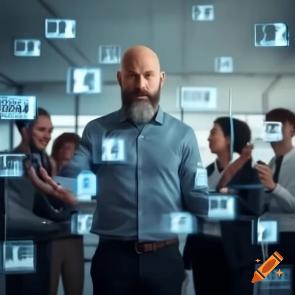 Fit bald bearded IT manager leading technology team on Craiyon